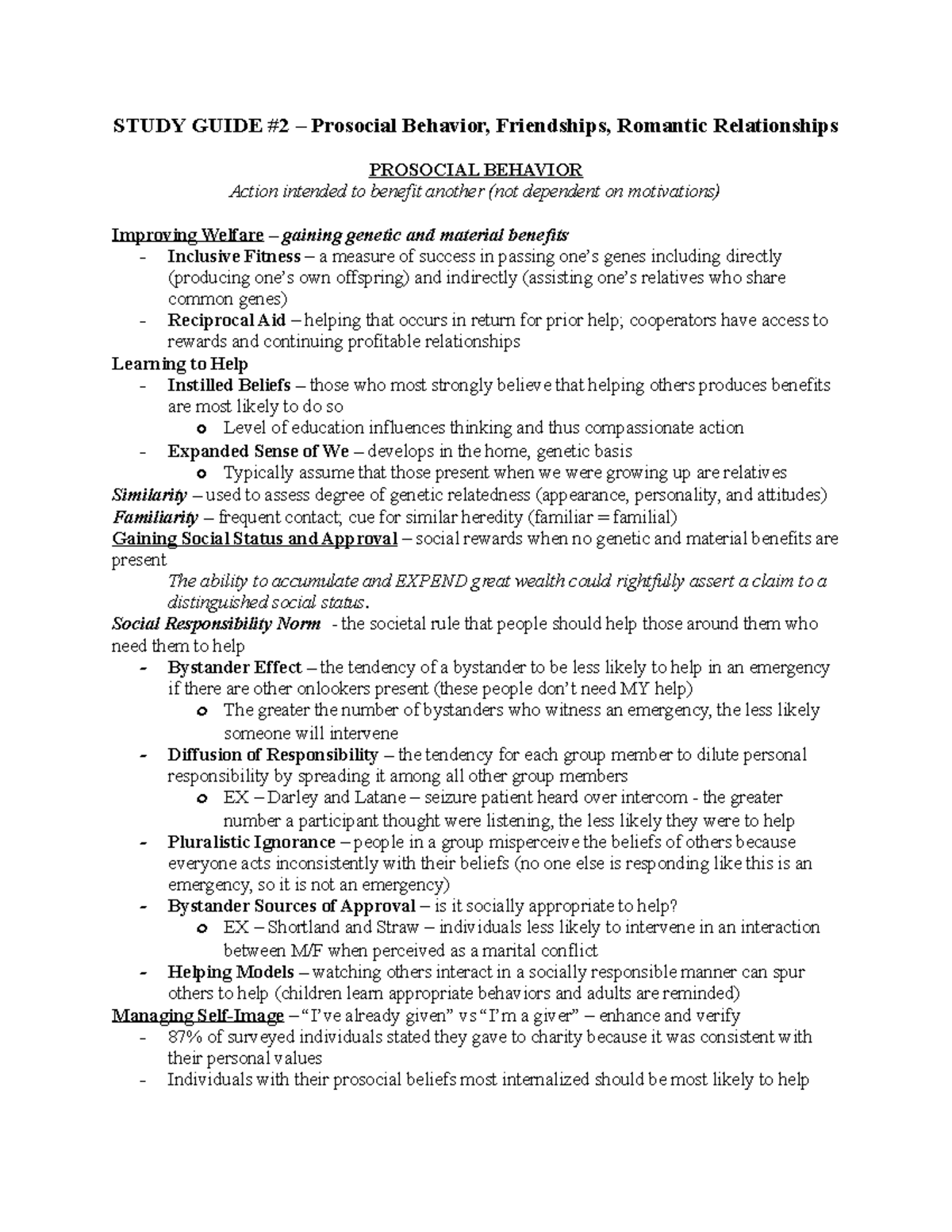 SP - Study Guide 2 - Prosocial Behavior, Friendships, Romantic ...