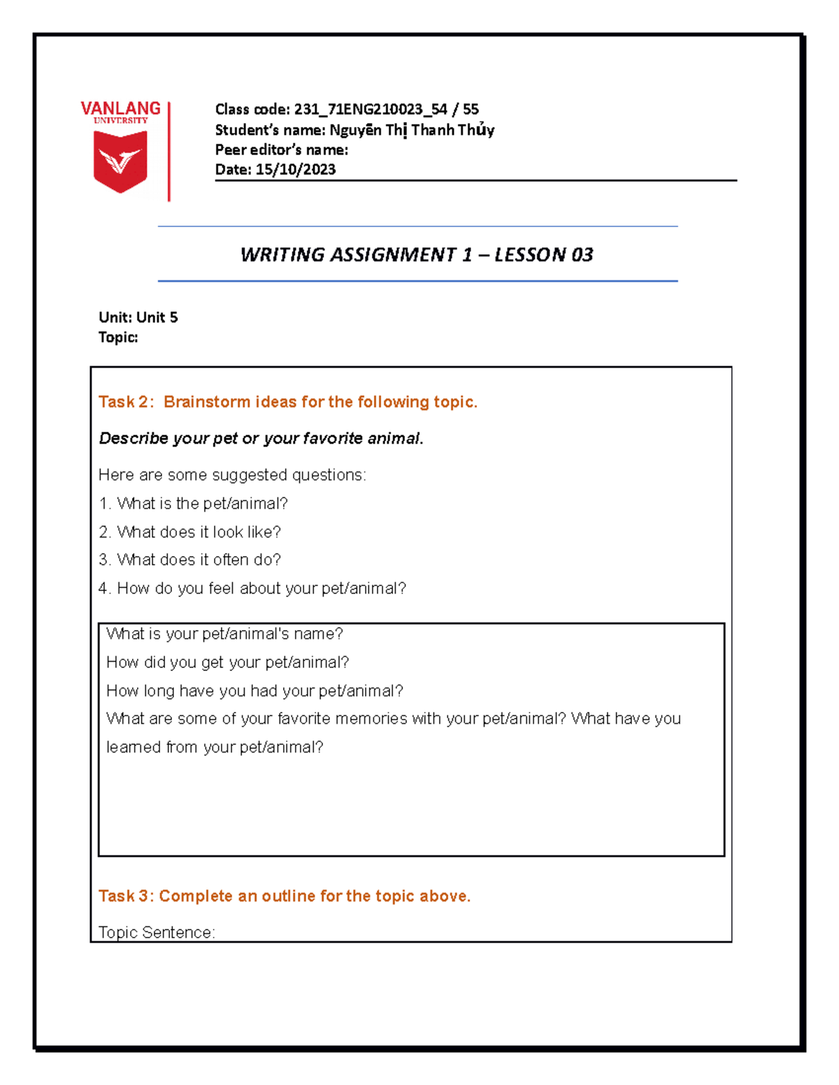 Template Writing assignment - Class code: 231_71ENG210023_54 / 55 Student’s name: Nguyễễn Th ...