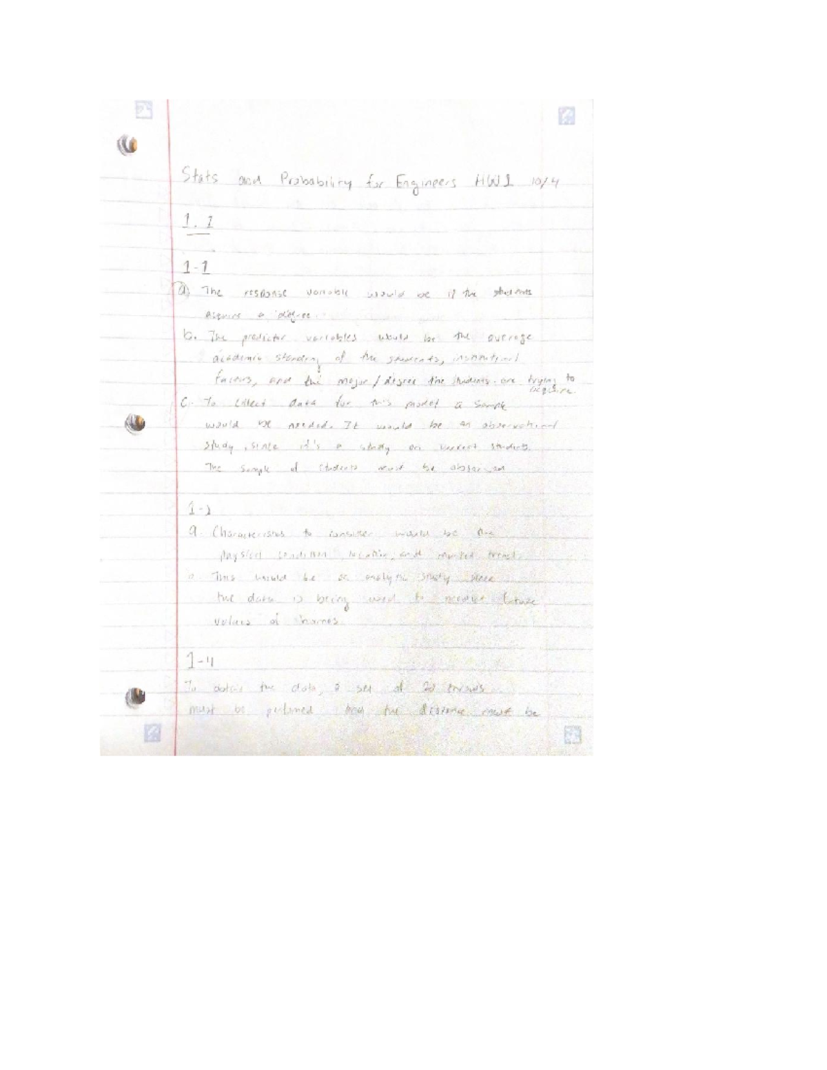 Stats hw 1 - yeah - Stats and Probability for Engineers HW 1 1 I a The ...