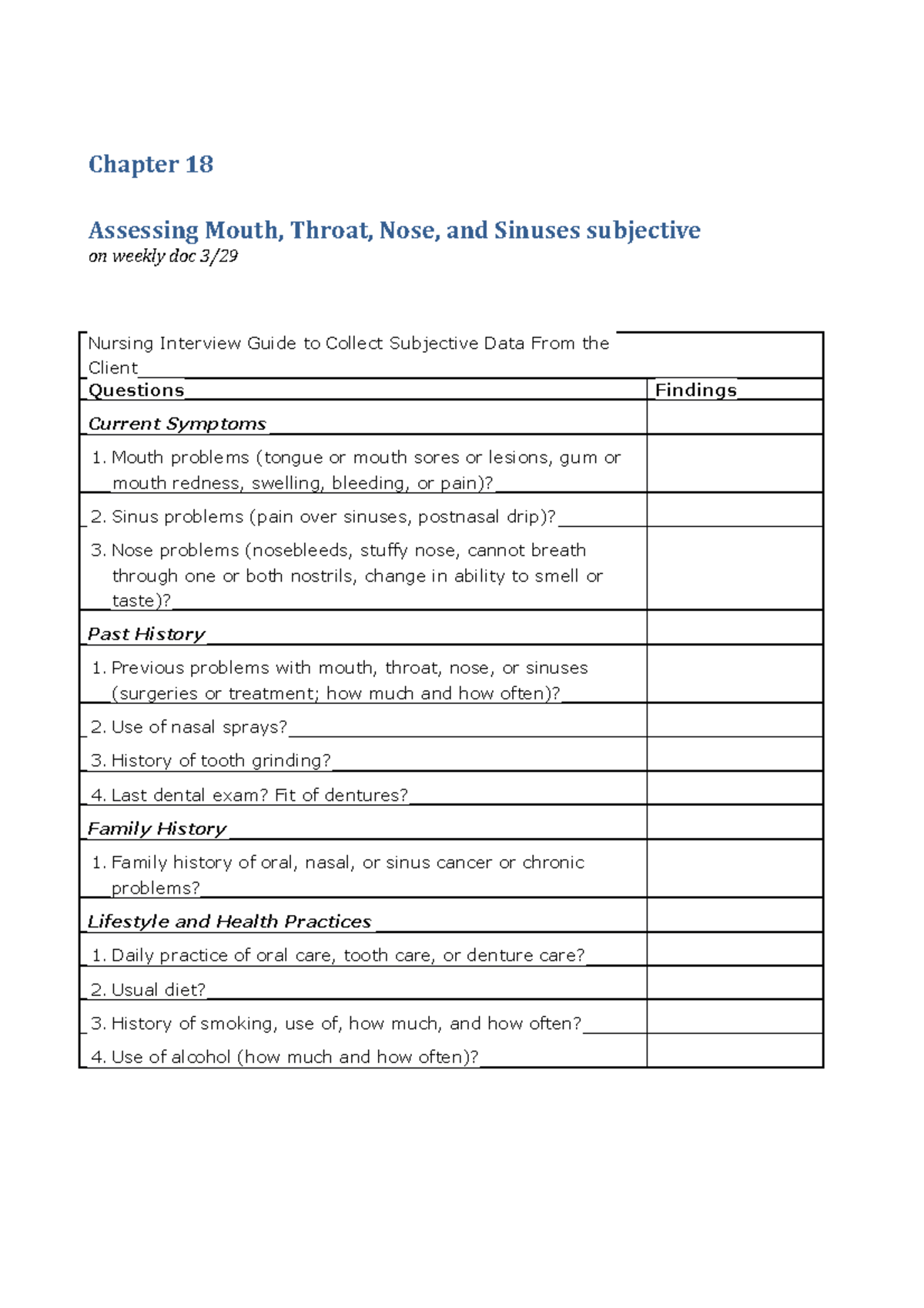 Chapter 18 mouth throat nose sinuses subjective - Chapter 18 Assessing ...