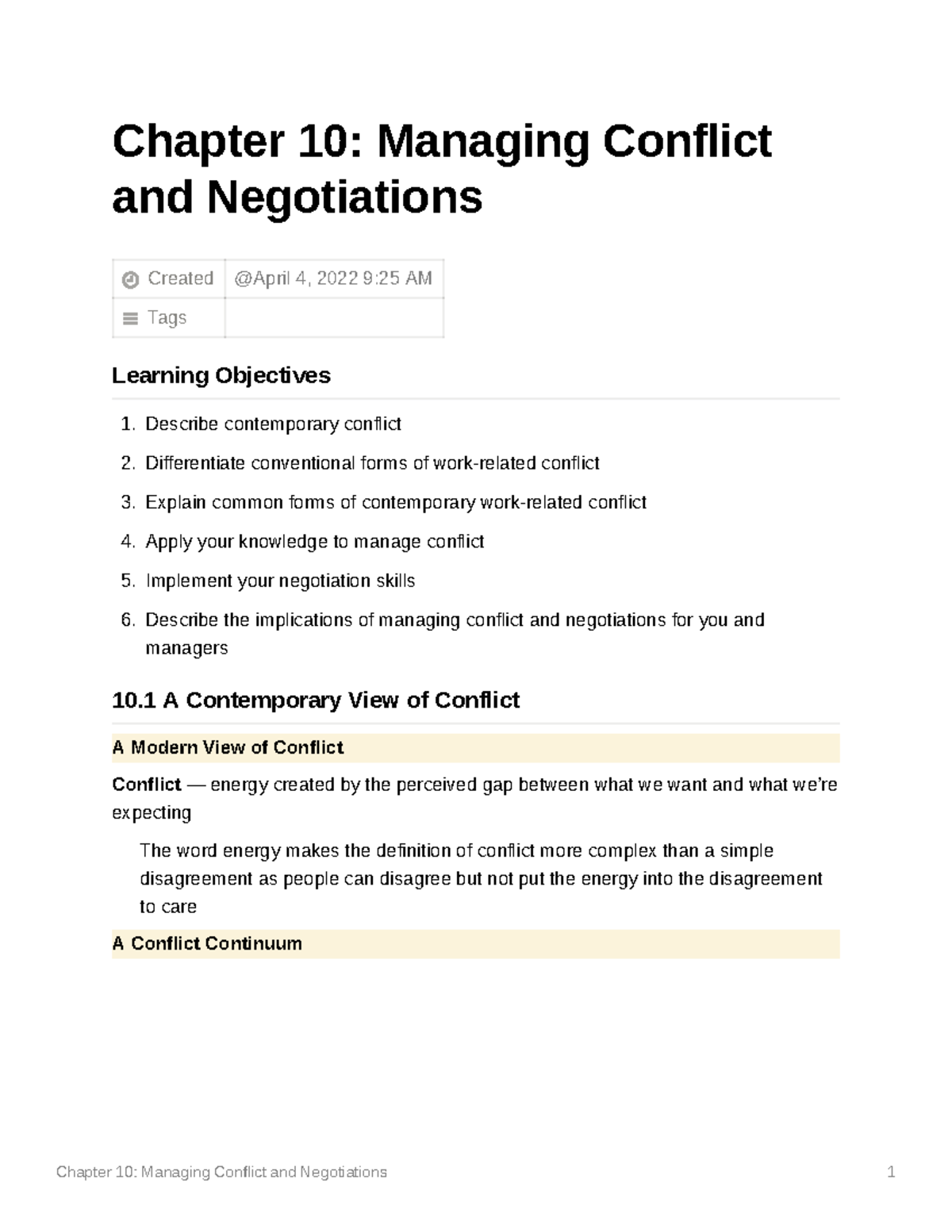 Chapter 10 Managing Conflict and Negotiations - Chapter 10: Managing ...