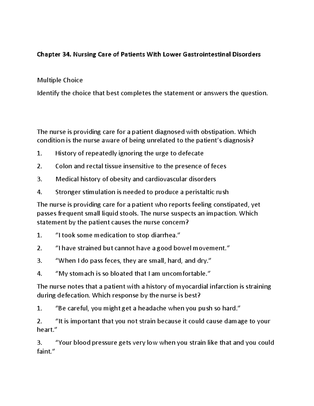 Study Guide Nursing Care Of Patients With Lower Gastrointestinal