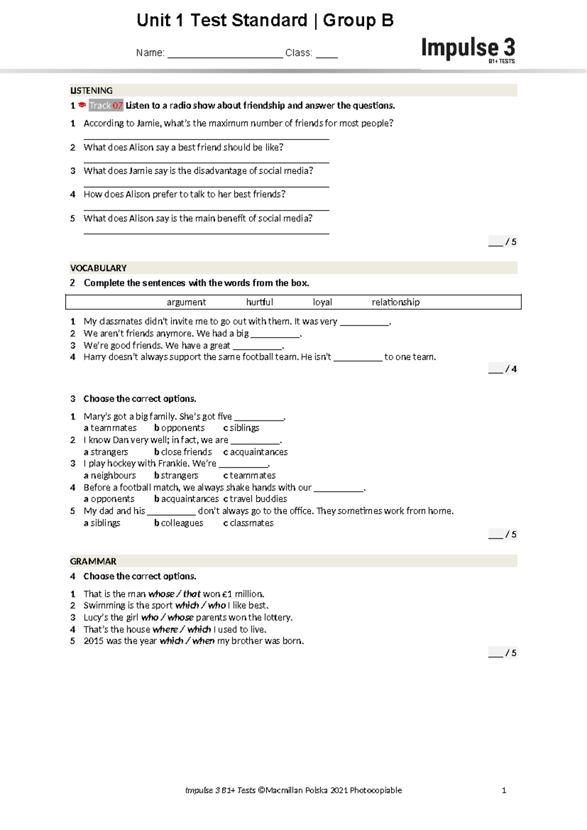 Unit 1 Test Standard B - test sprawdzajacy - Unit 1 Test Standard ...