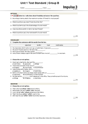 Unit 7 Grammar Short Test 1 A+B - Impulse 3 B1+ Tests ©Macmillan Polska ...