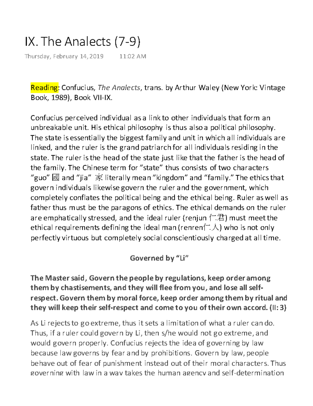 IX. The Analects (7-9) - Lecture notes 9 - Reading: Confucius, The ...
