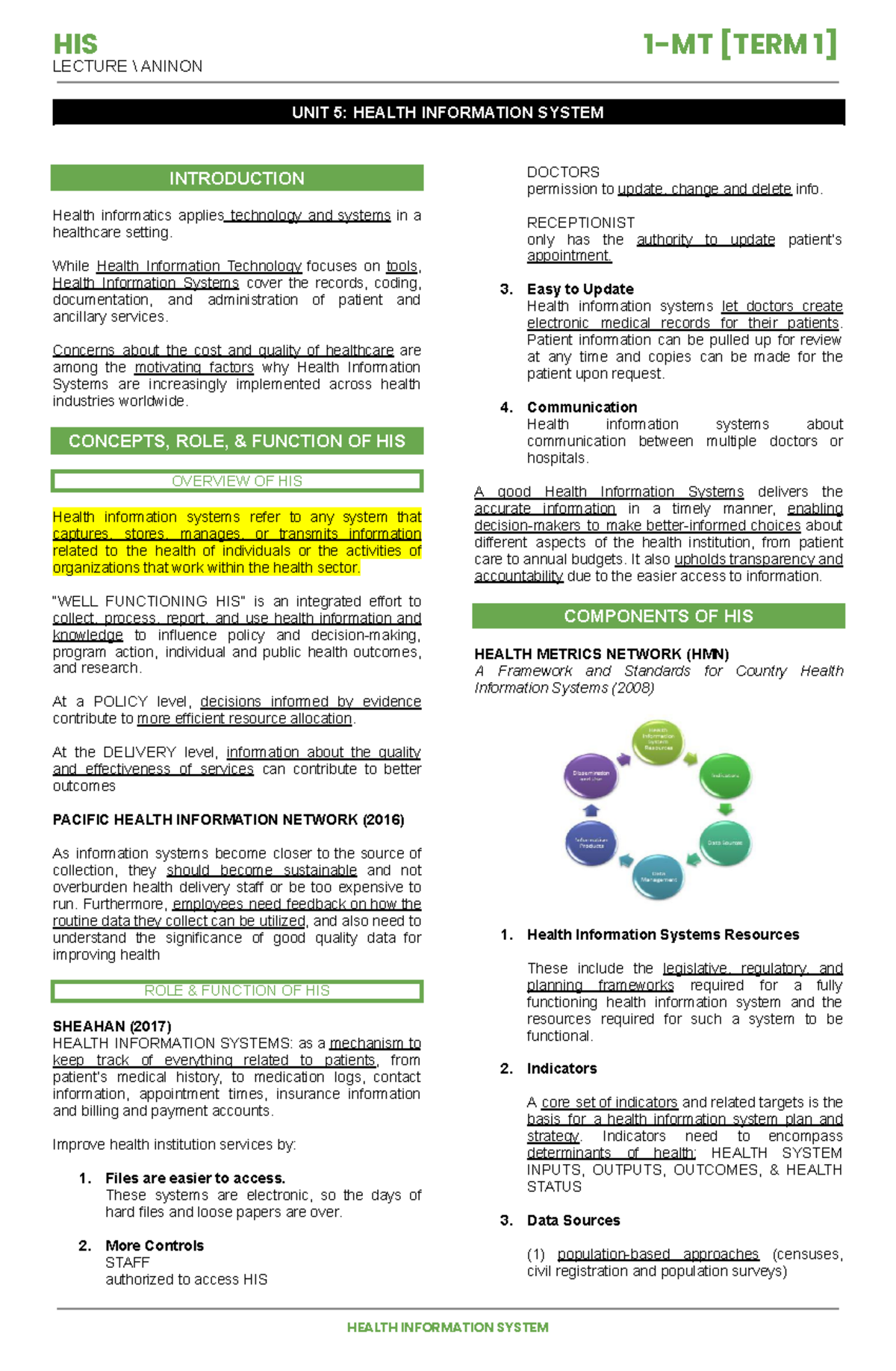 MT102_Health Informatics System - HIS 1-MT [TERM 1] LECTURE \ ANINON ...
