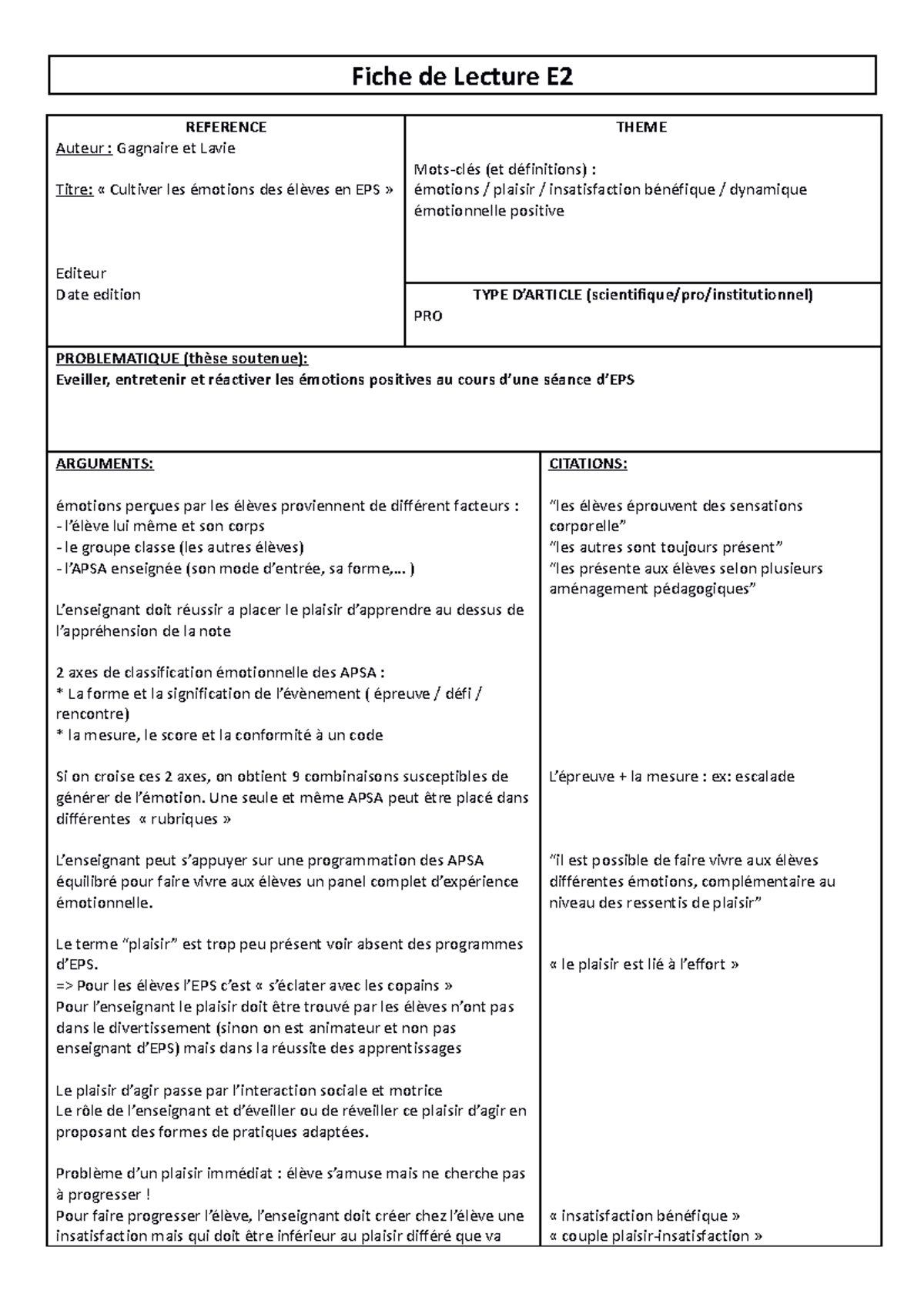 Fiche de lecture - cultiver les émotions - Fiche de Lecture E REFERENCE ...