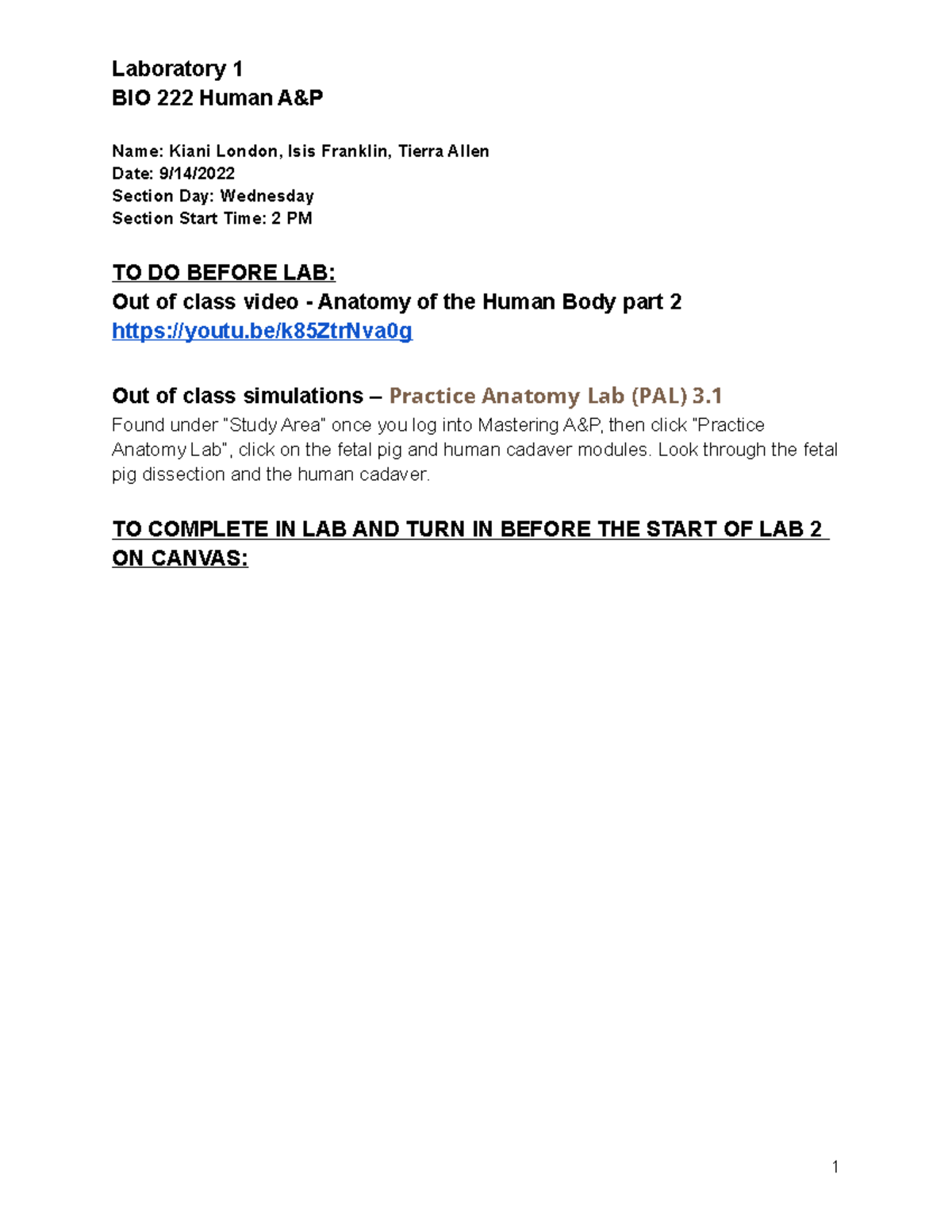 Laboratory 1 Manual Fall22 - BIO 222 Human A&P Name: Kiani London, Isis ...