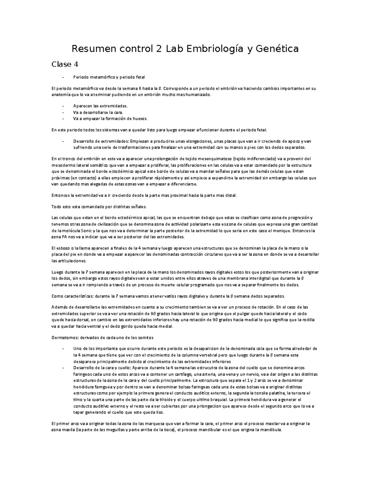 Resumen control 2 lab de embrio - Resumen control 2 Lab Embriología y Genética Clase 4 Periodo ...