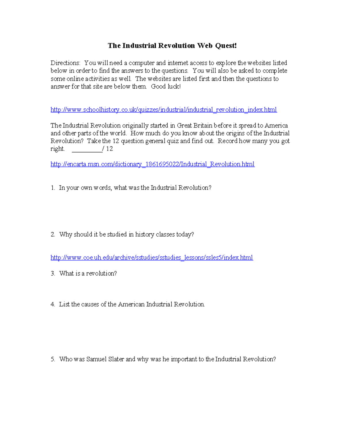 Industrial Revolution Web Quest - The Industrial Revolution Web Quest ...