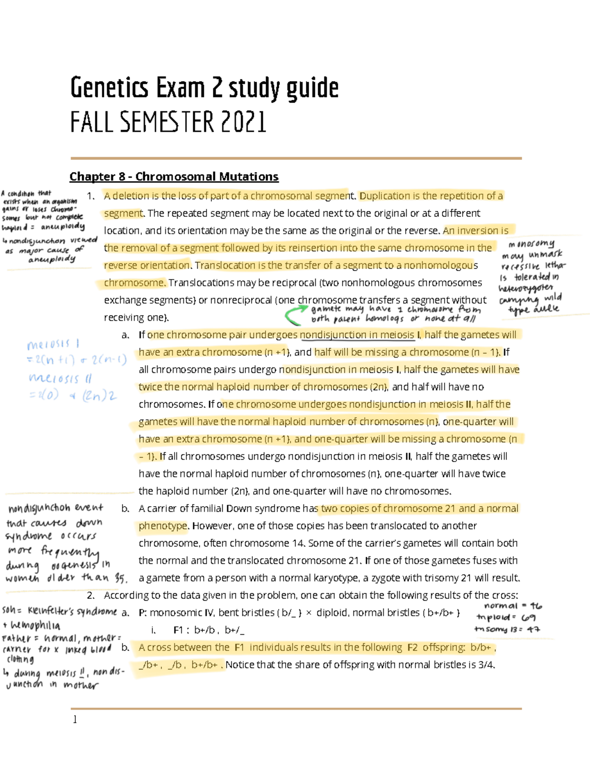 Genetics exam 2 study guide - Geneti Exam 2 study guide FALL SEMTER ...