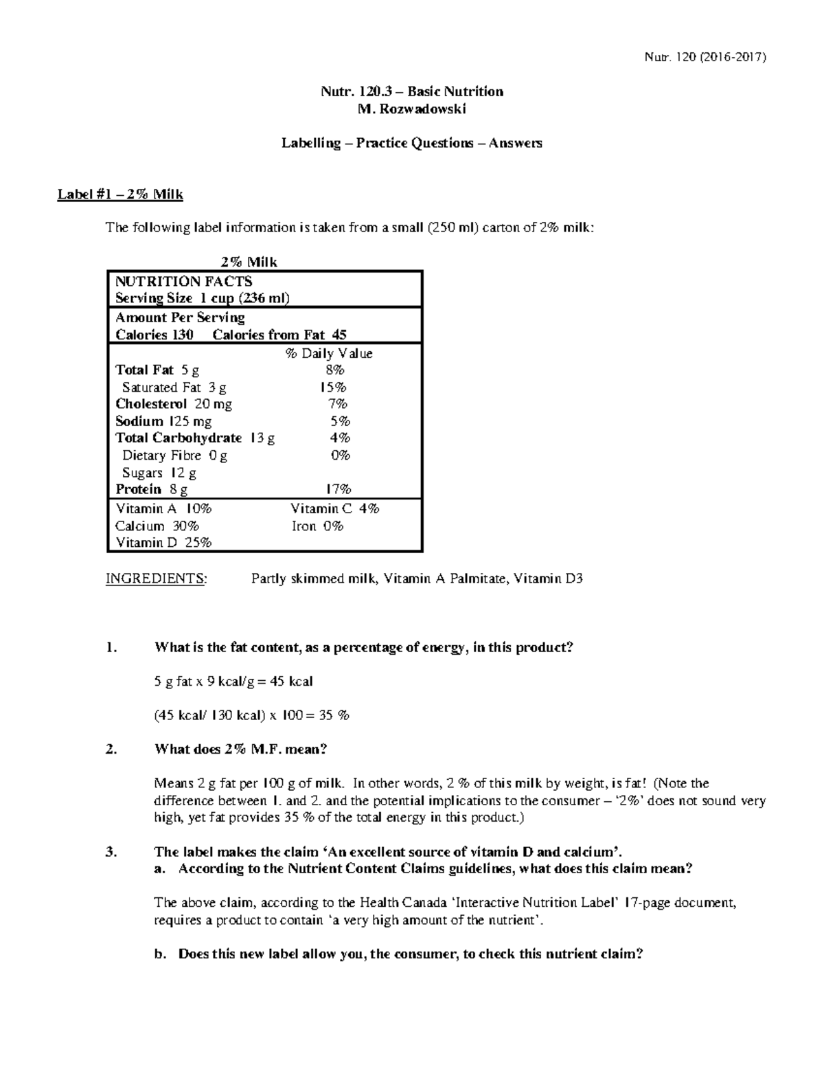 Labelling assignment answers 2016-2017 - Nutr. 120 – Basic Nutrition M ...