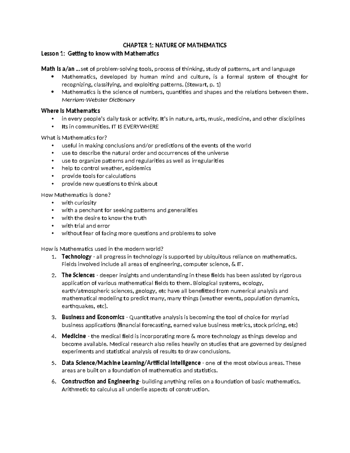 GENERAL MATHEMATICS IN MODERN WORLD - CHAPTER 1: NATURE OF MATHEMATICS ...