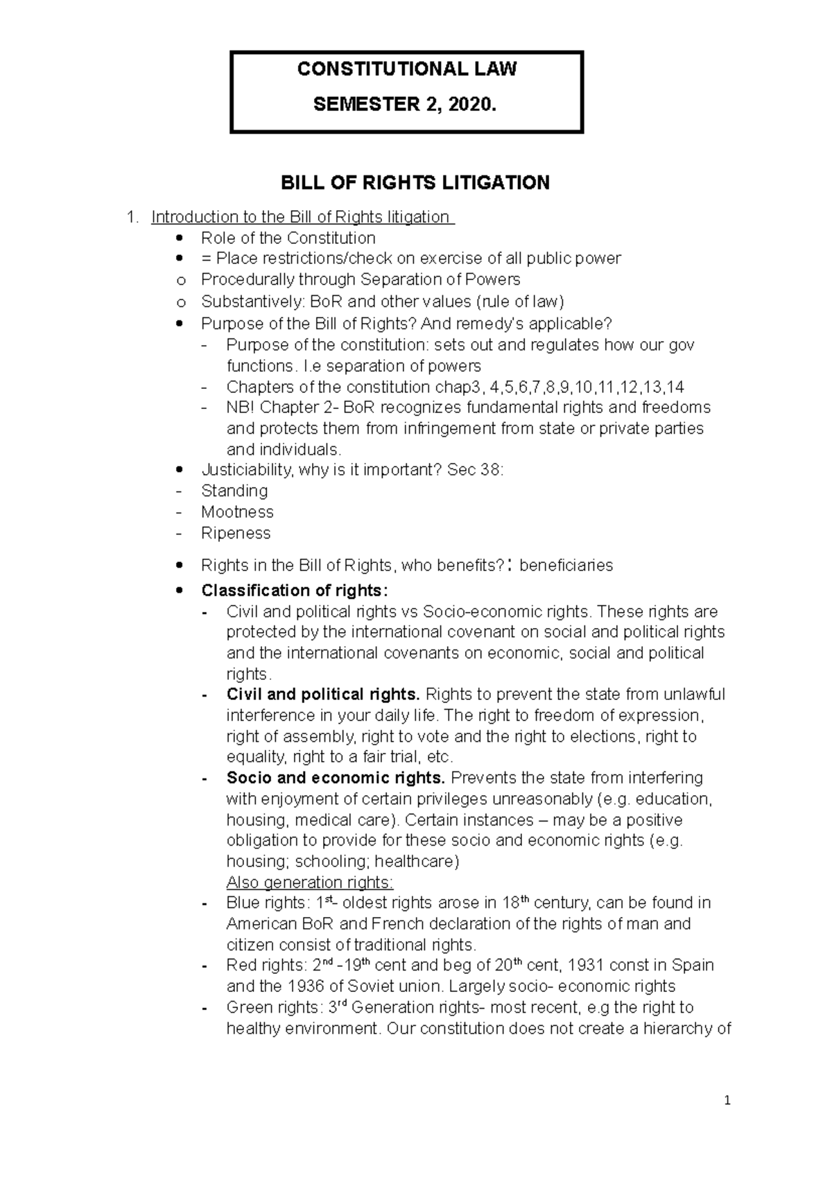 Constitutional LAW semester 2 notes - BILL OF RIGHTS LITIGATION ...