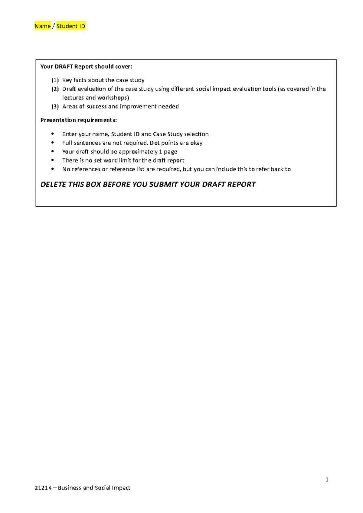 Assessment Task 2 - Template for Draft Report - Name / Student ID 1 ...
