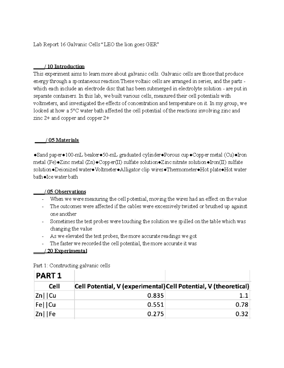 Lab Report 16 - Lab Report 16 Galvanic Cells “LEO the lion goes GER ...