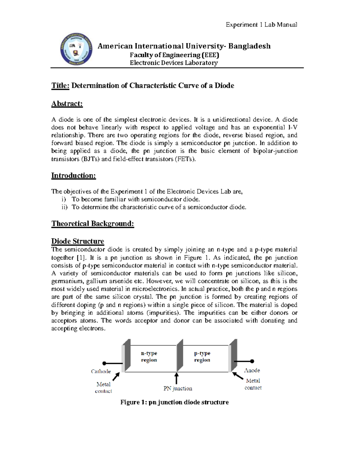 Determination of Characteristic Curve of a Diode Lab Manual ...