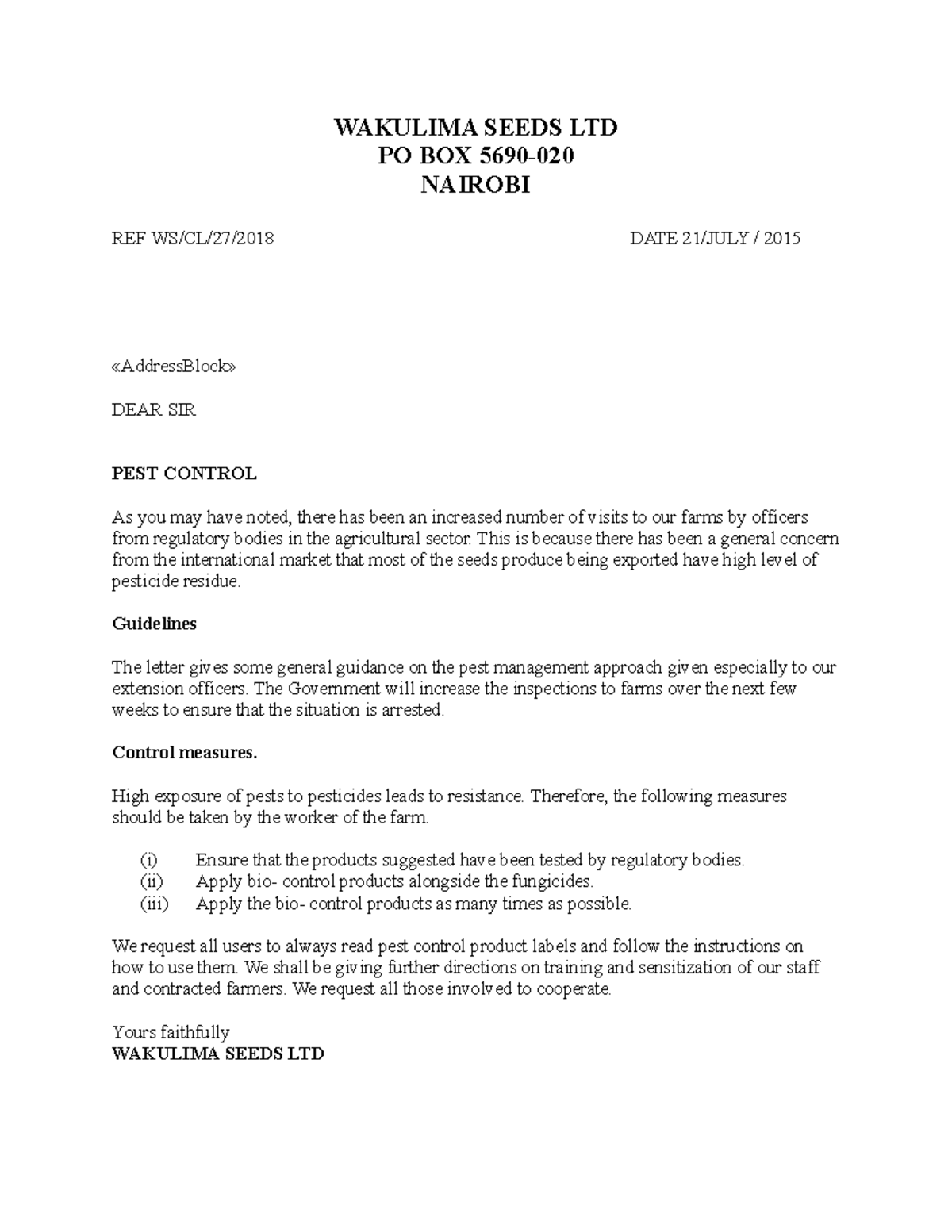 Wakulima Seeds LTD - WAKULIMA SEEDS LTD PO BOX 5690- NAIROBI REF WS/CL ...