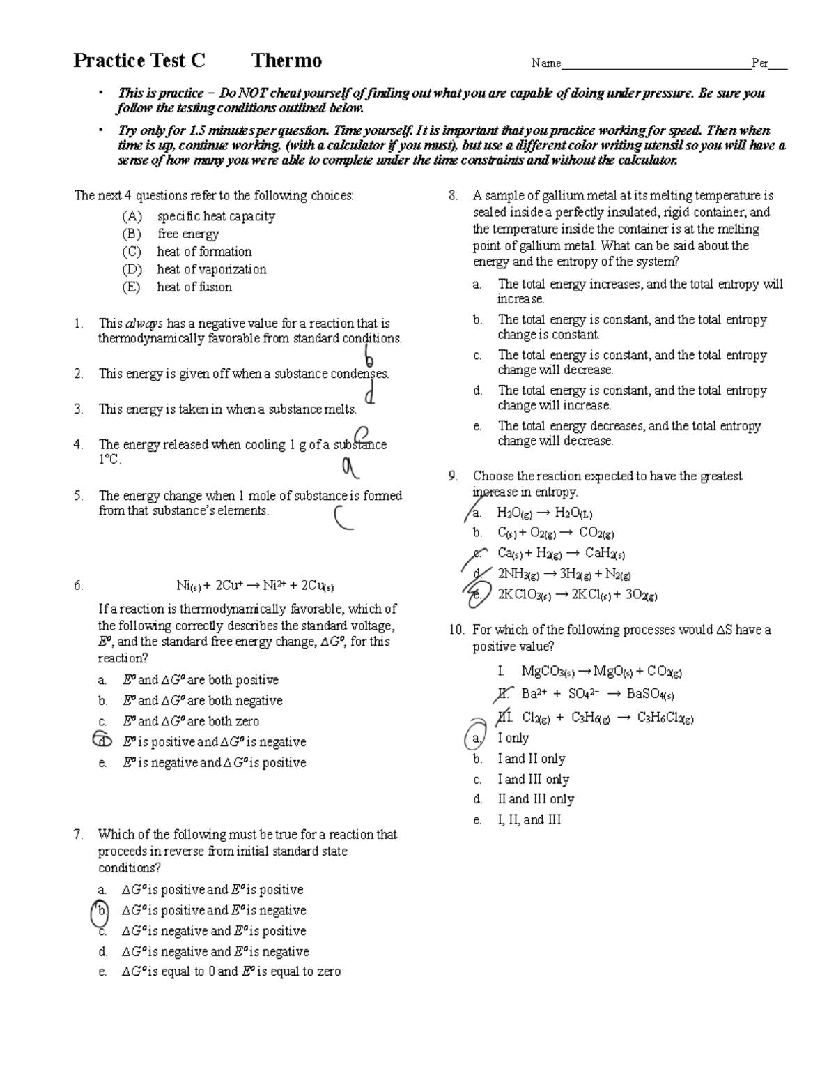 Mc C - Ap Chem test prep. - Practice Test C Thermo Name ...