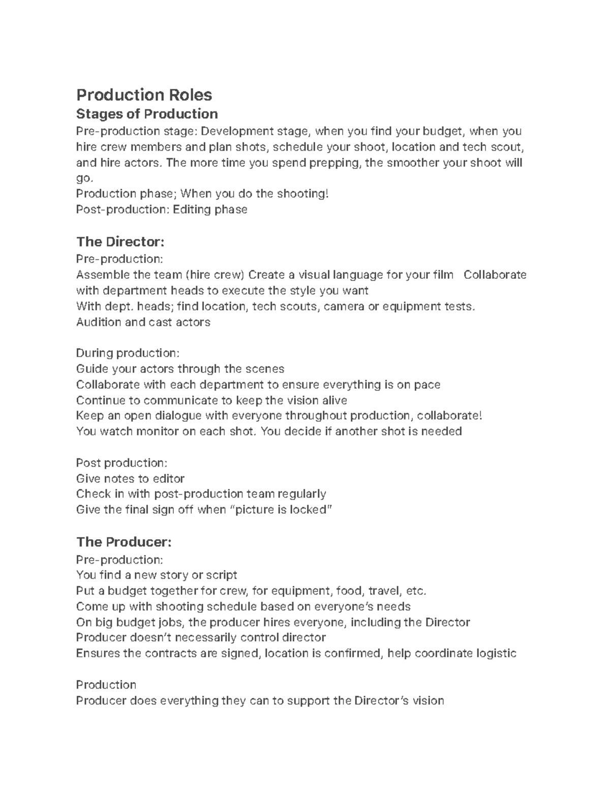 Production Roles - Lecture notes 2 - Production Roles Stages of ...