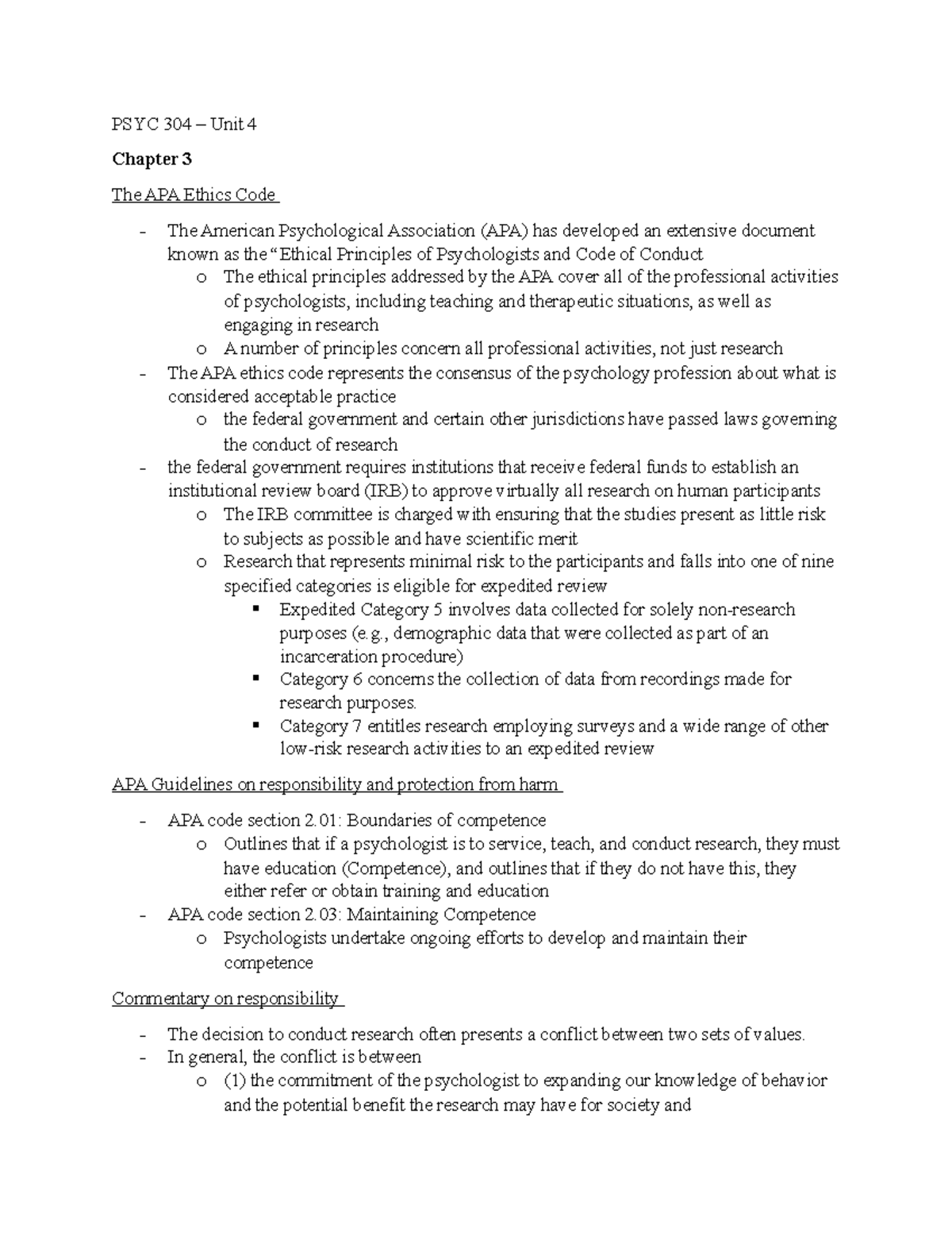PSYC 304 Unit 4 - notes - PSYC 304 – Unit 4 Chapter 3 The APA Ethics ...