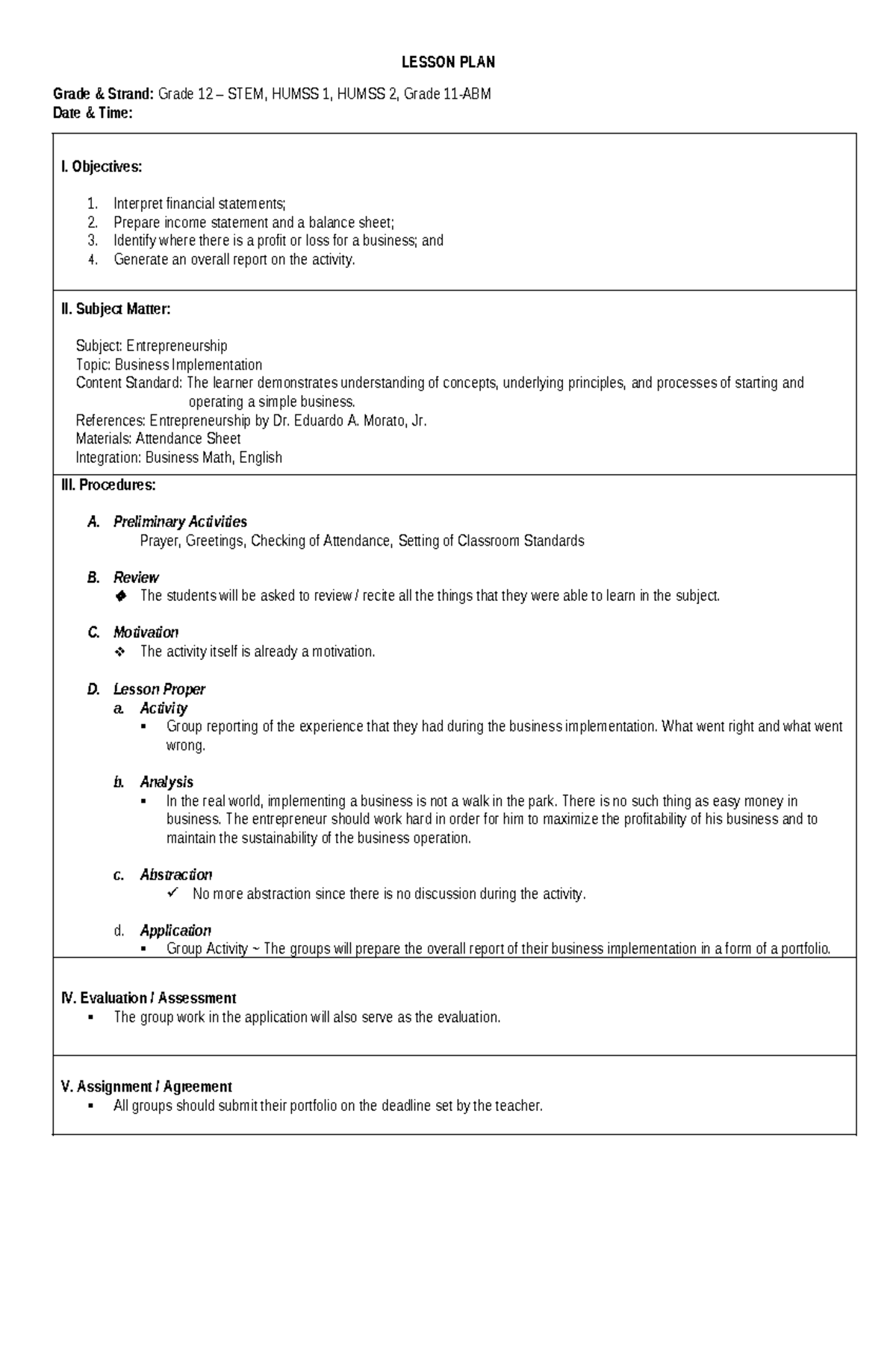 Entep IB LC1 b - SAMPLE ONLY - LESSON PLAN Grade & Strand: Grade 12 ...