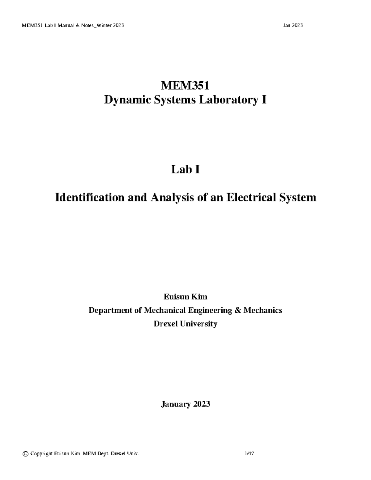 Mem351 Lab1 Manual Winter 2023 Mem Dynamic Systems Laboratory I Lab I Identification And