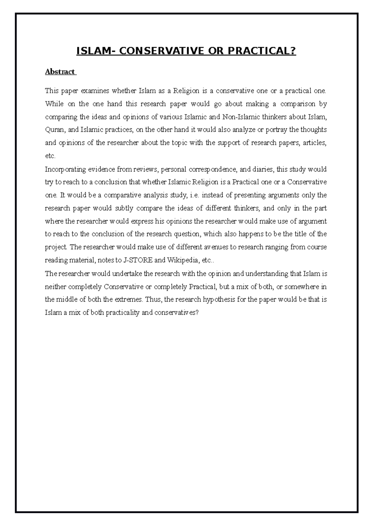 Political Science Minor Project Abstract - ISLAM- CONSERVATIVE OR ...