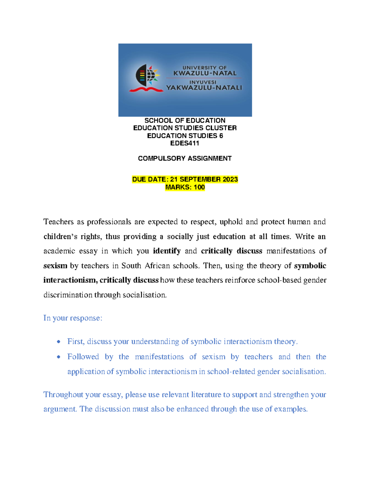 EDES411 Assignment 2023 - SCHOOL OF EDUCATION EDUCATION STUDIES CLUSTER ...