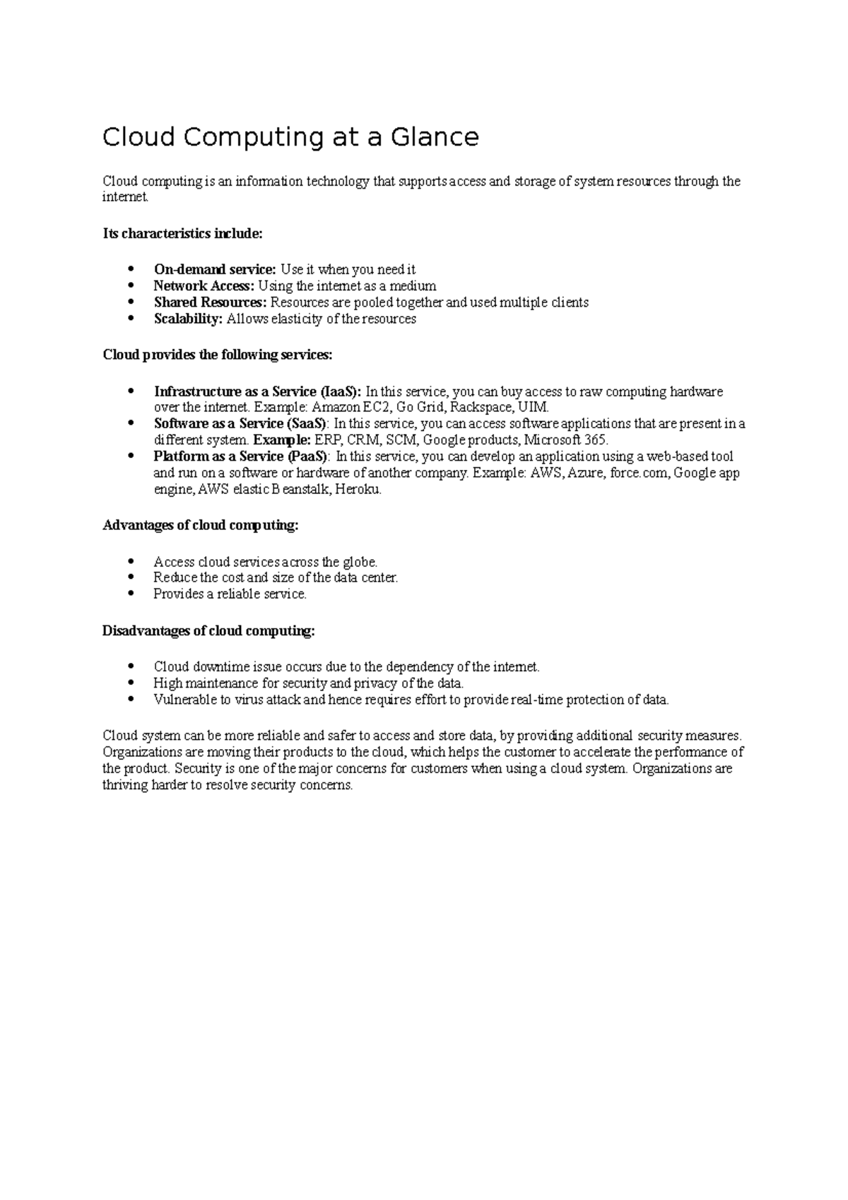 CC Notes - Cloud Computing at a Glance Cloud computing is an ...