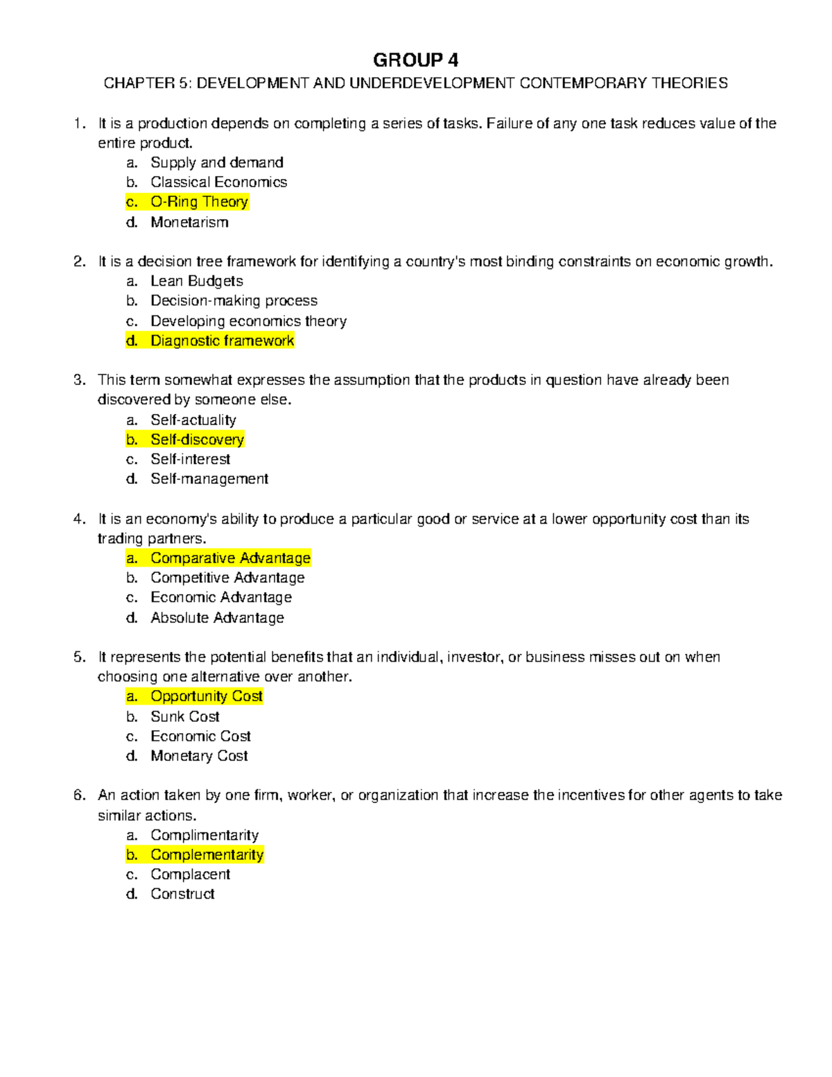 Ecodev-Compiled-Questions - GROUP 4 CHAPTER 5: DEVELOPMENT AND UNDERDEVELOPMENT CONTEMPORARY ...