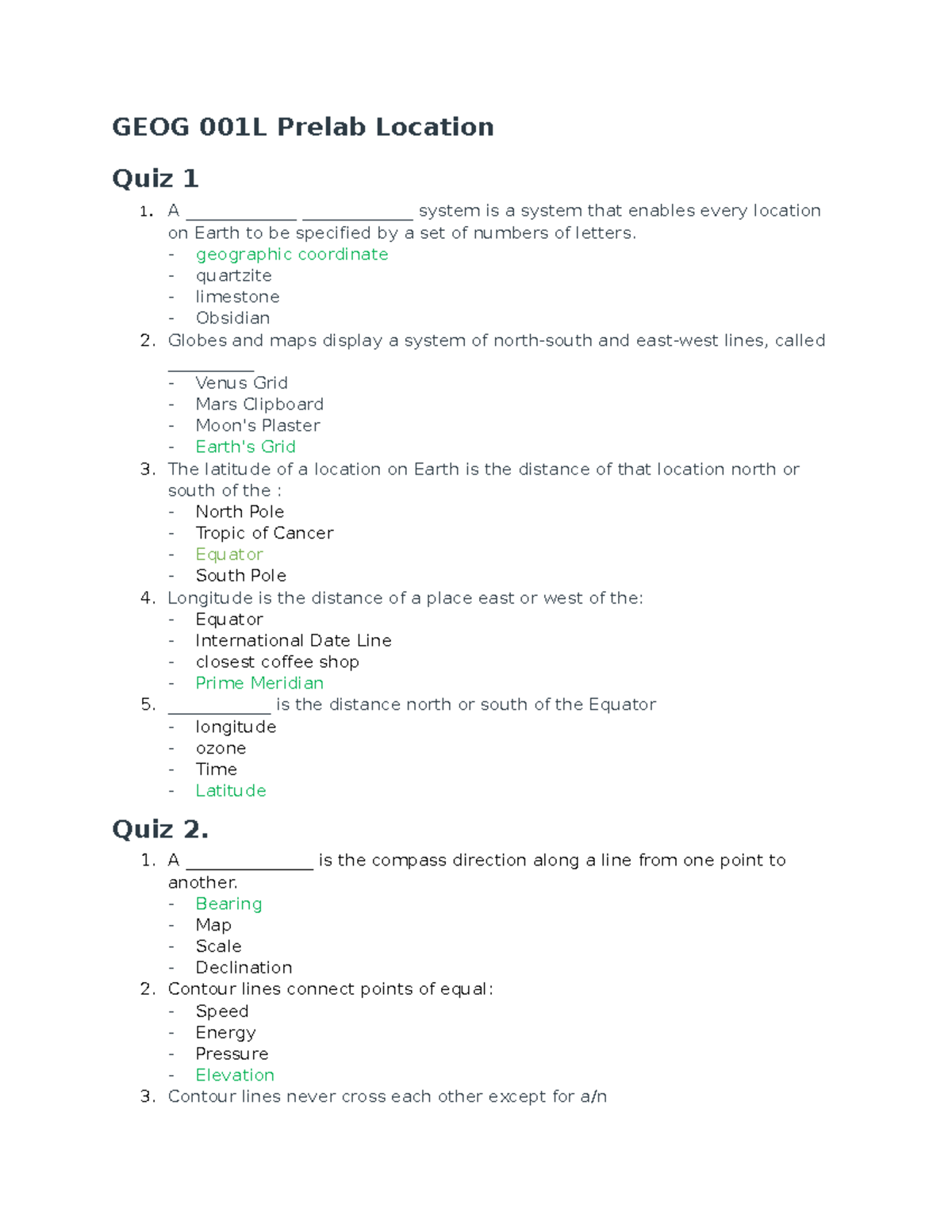 GEOG 001 L lab Location - GEOG 001L Prelab Location Quiz 1 1. A