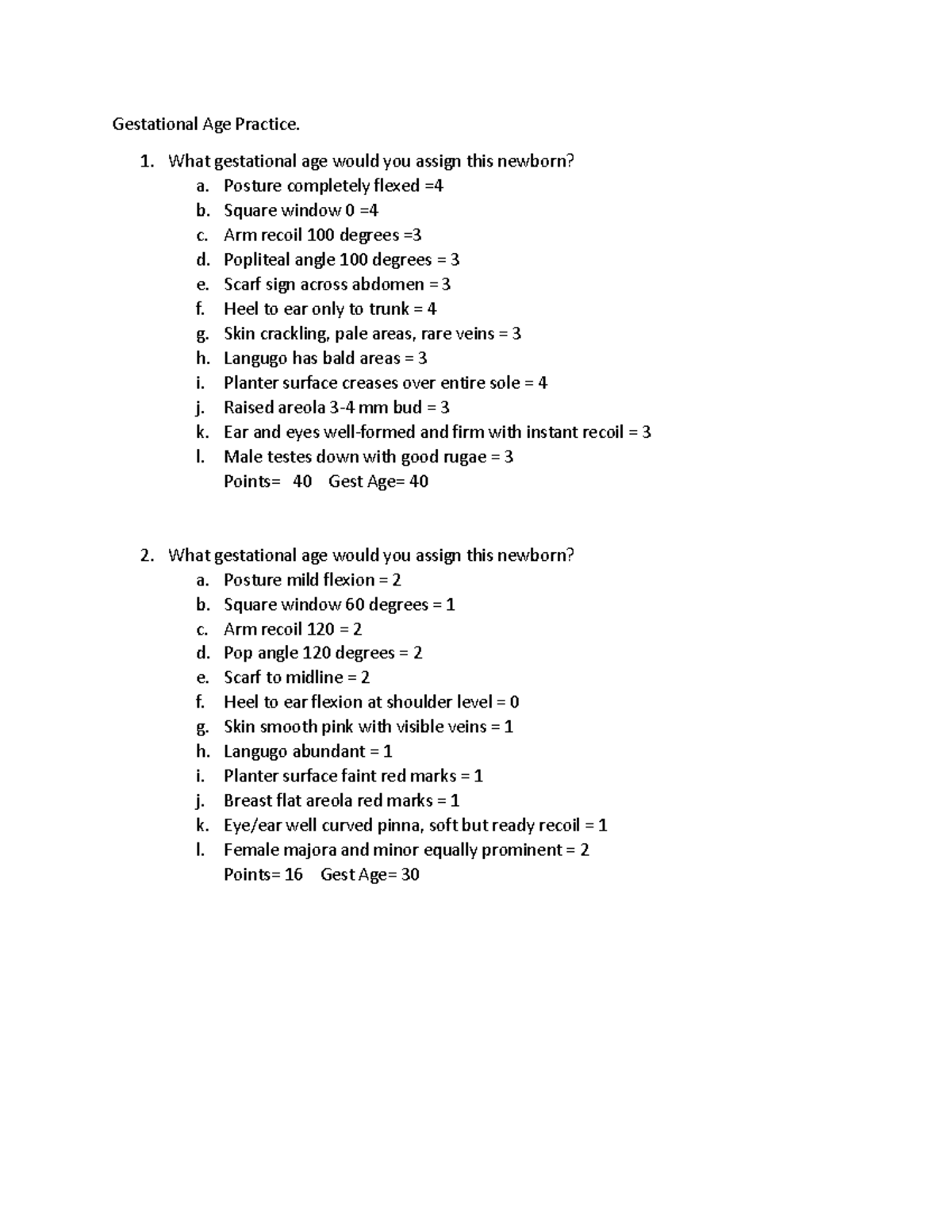 Gestational Age Practice student - Gestational Age Practice. a. Posture ...