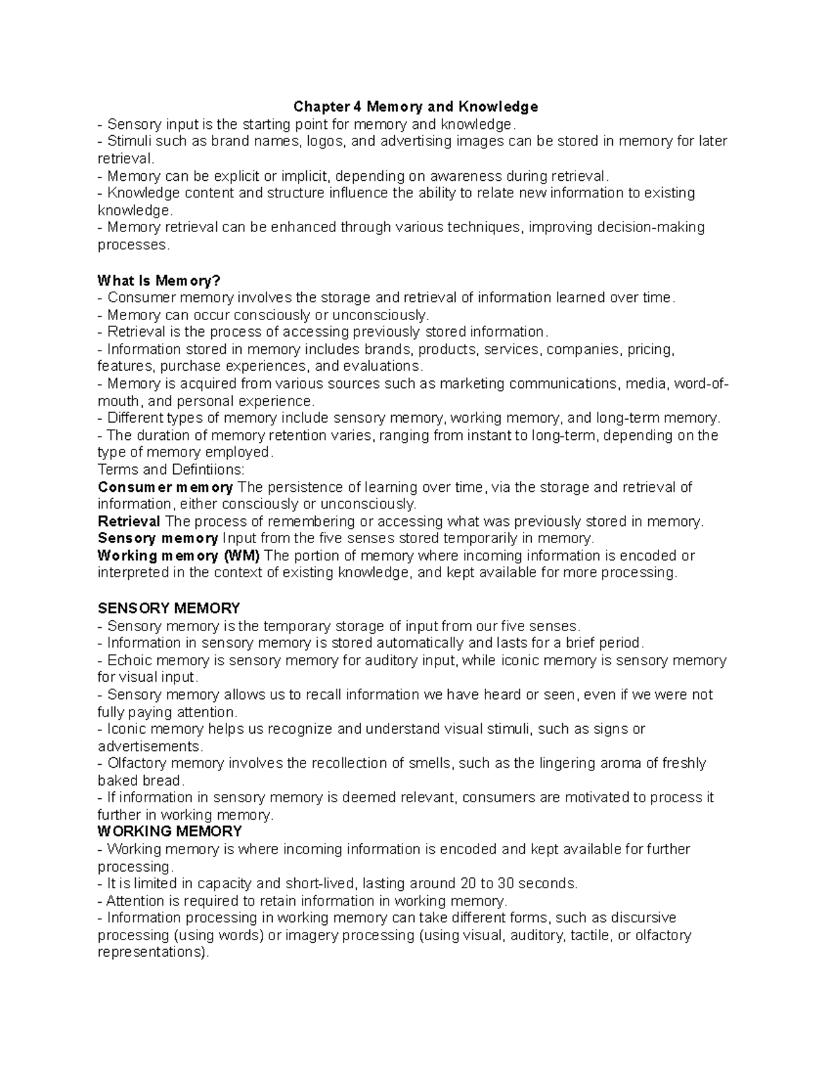 MGMC02 Chapter 4 Memory and Knowledge - Chapter 4 Memory and Knowledge Sensory input is the ...