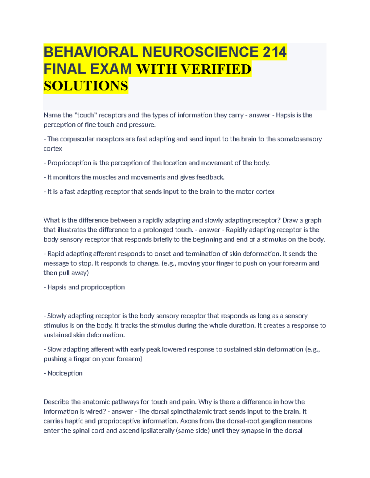 Behavioral Neuroscience 214 Final EXAM WITH Verified Solutions - BEHAVIORAL NEUROSCIENCE 214 ...