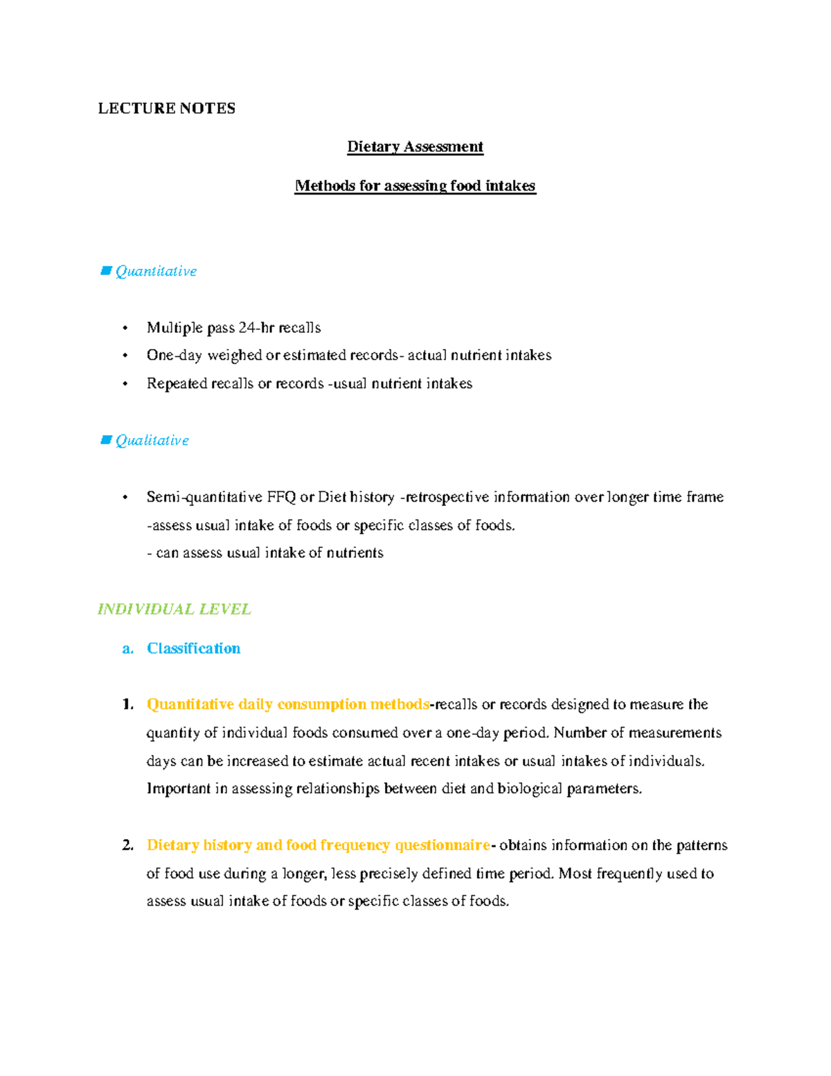 Dietary Assessment NOTE 3 - LECTURE NOTES Dietary Assessment Methods ...