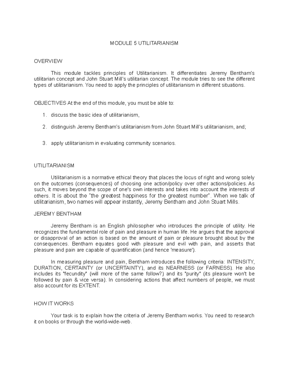 GEC 09 -MODL 5 - Utilitarianism - MODULE 5 UTILITARIANISM OVERVIEW This ...