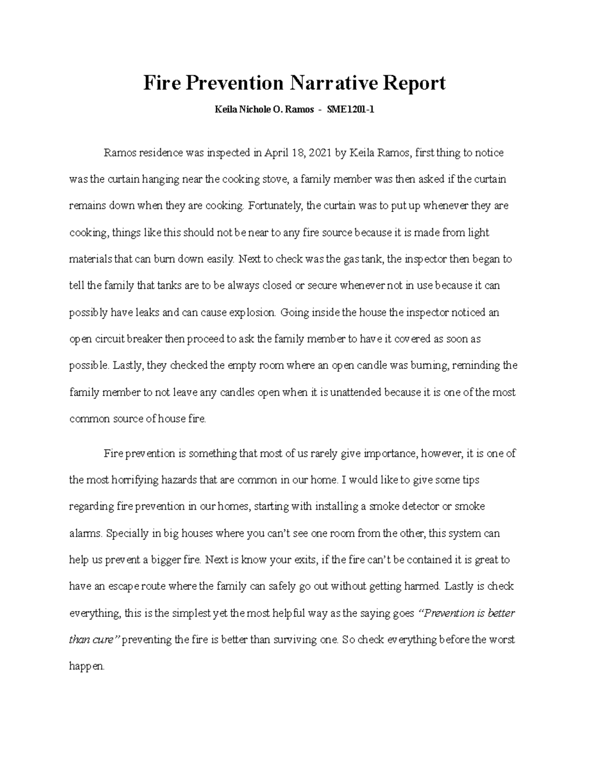 Fire Prevention Narrative Report Ramos SME1201 Ramos Residence Was