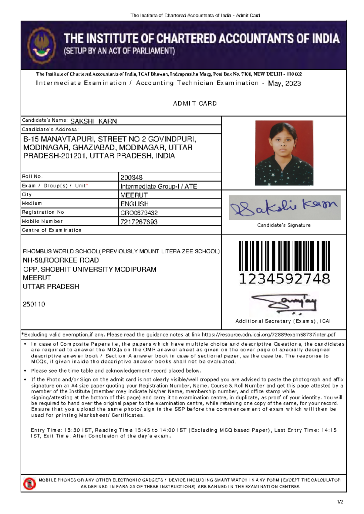 Sakshi Admit Card May - 23 - 1/ 2 The Institute of Chartered ...