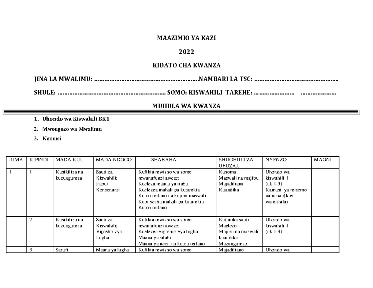 Kiswahili Updated Schemes OF WORK - MAAZIMIO YA KAZI 2022 KIDATO CHA ...