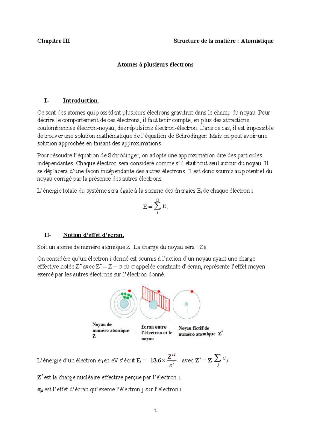 Chapitre III atom - TD d'atomistique 1 - Chapitre III Structure de la matière : Atomistique ...