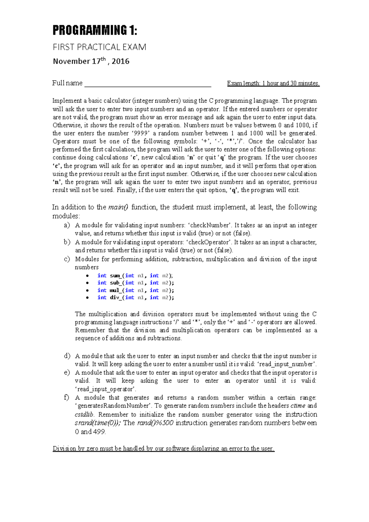 Examen de muestra/práctica 17 Noviembre 2016, preguntas - PROGRAMMING 1 ...