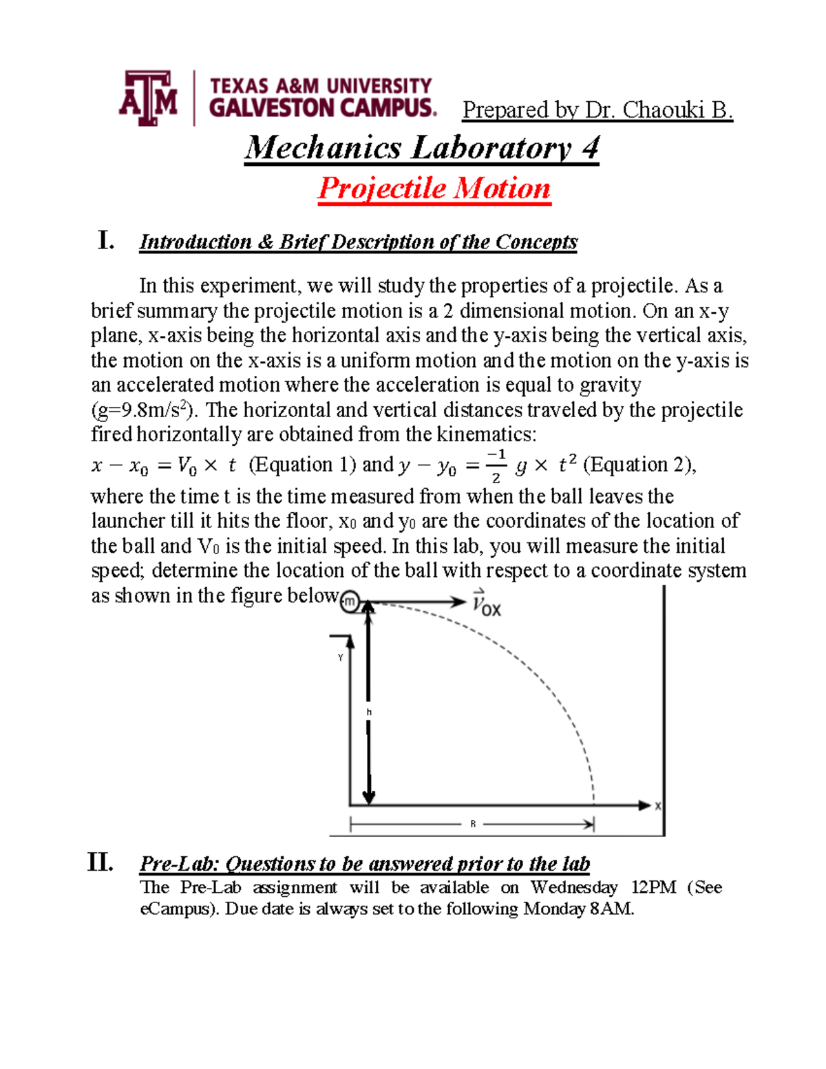 Lab M04 Projectile Motion - R" h" Y" Prepared by Dr. Chaouki B. Mechanics Laboratory - Studocu