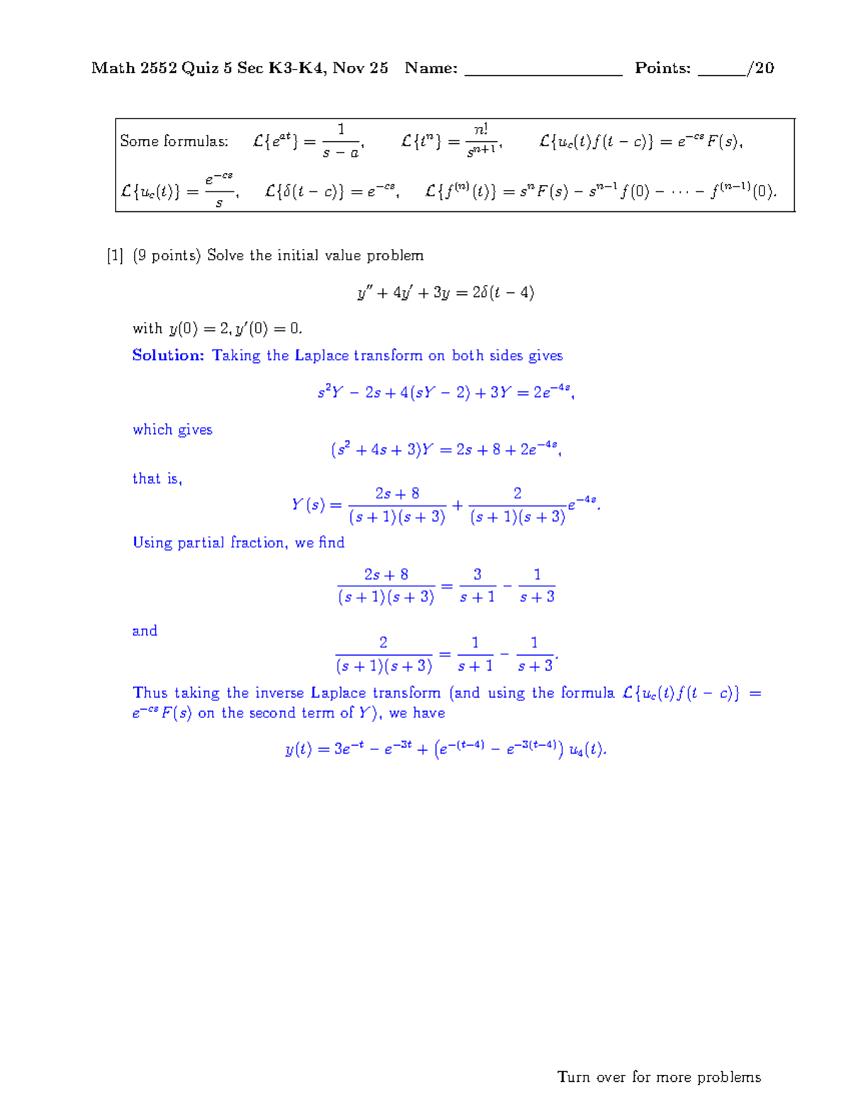Quiz5 K34 solution - Math 2552 Quiz 5 Sec K3-K4, Nov 25 Name: Points ...