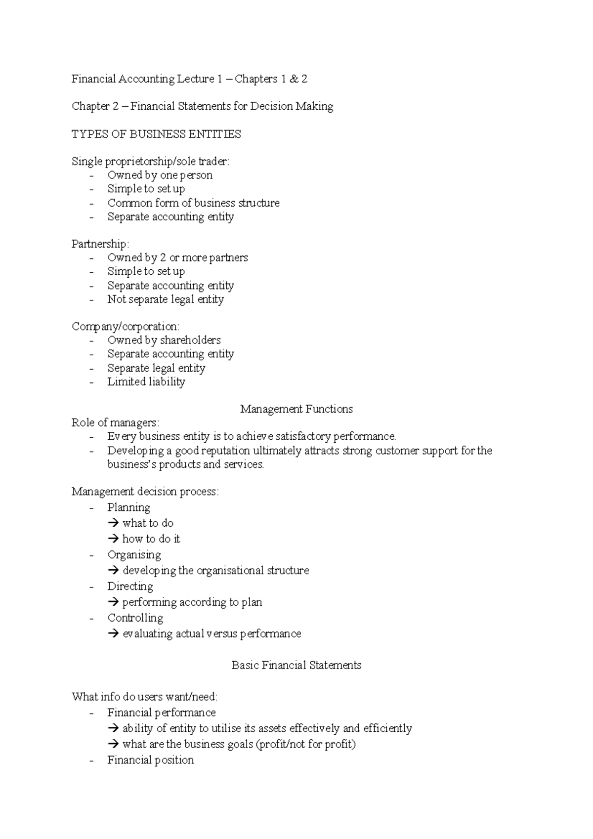 Financial Accounting L1 - Financial Accounting Lecture 1 – Chapters 1 ...