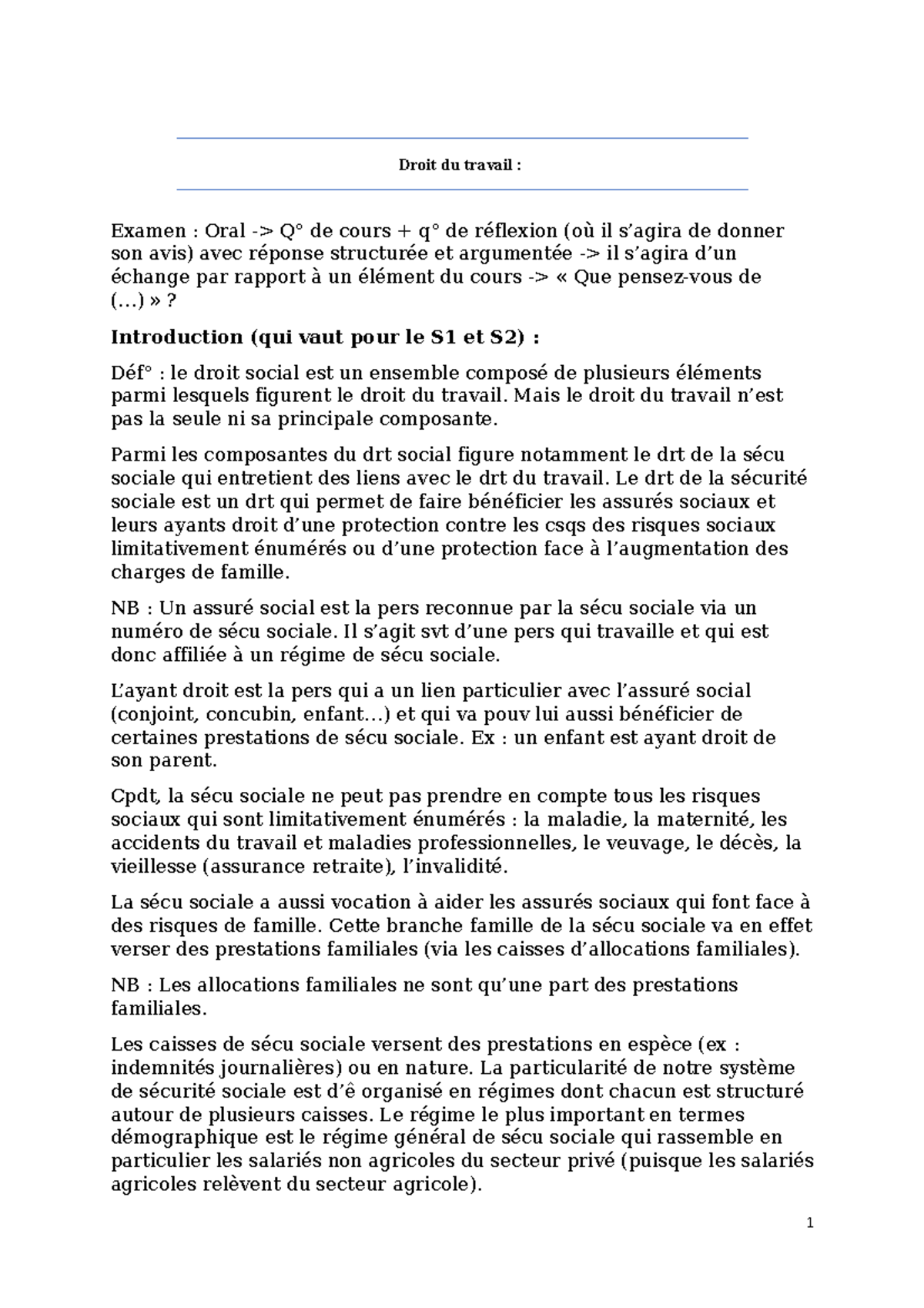 Cours 1 - Droit du travail : Examen : Oral -> Q° de cours + q° de ...