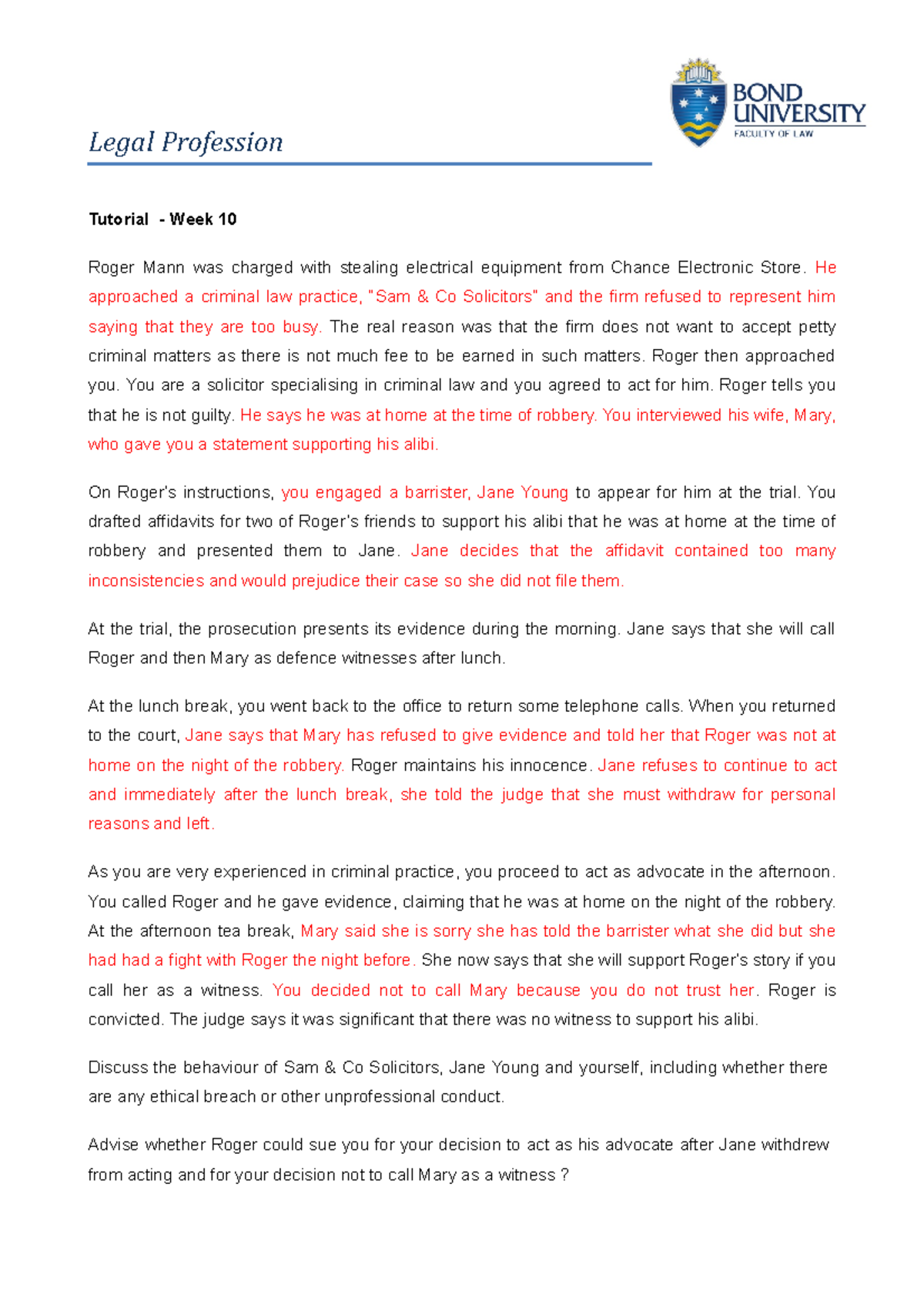 W10 Tute - Legal Ethics Tutorial Week 10 - Legal Profession Tutorial ...