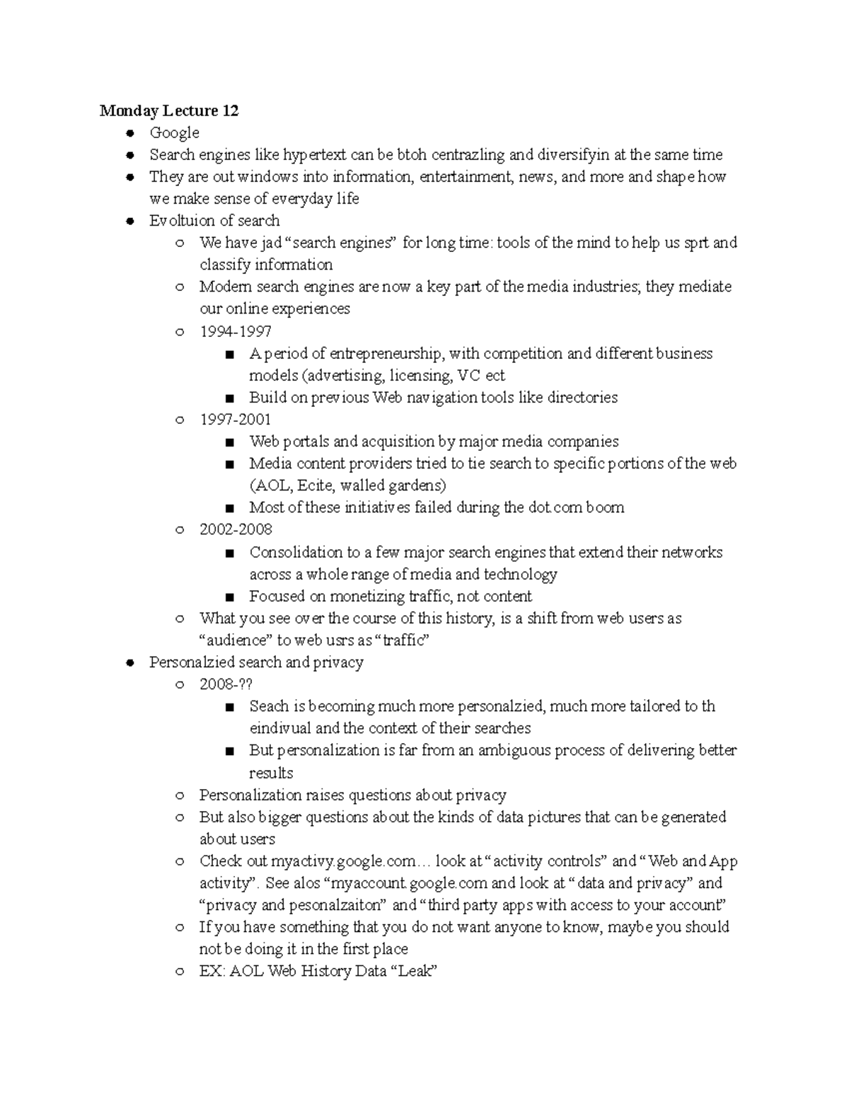 Monday week 7 Lecture notes - Monday Lecture 12 Google Search engines ...