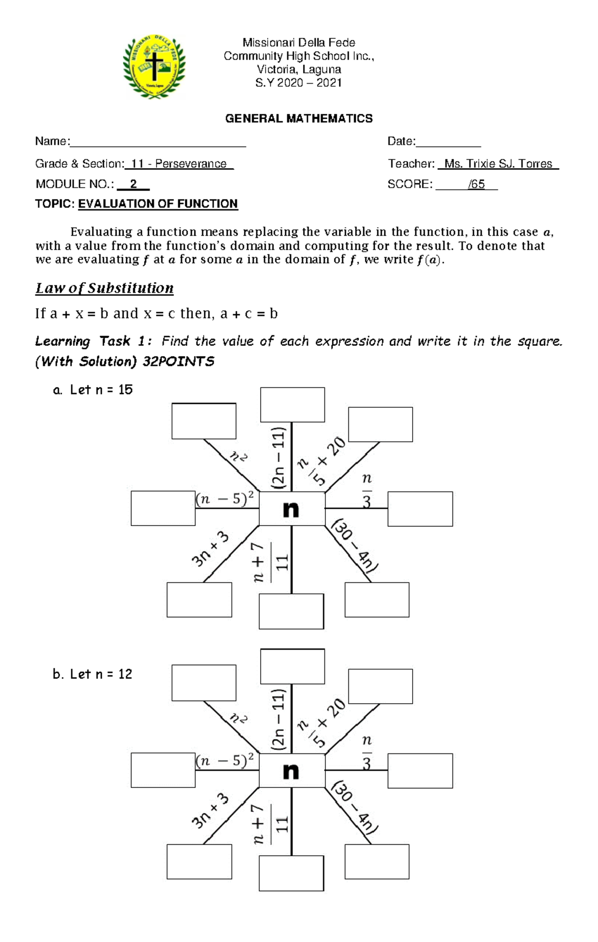 G11 Genmath Module 2 - MODULE NO.: __ 2 __ SCORE: ___/65 Missionari ...