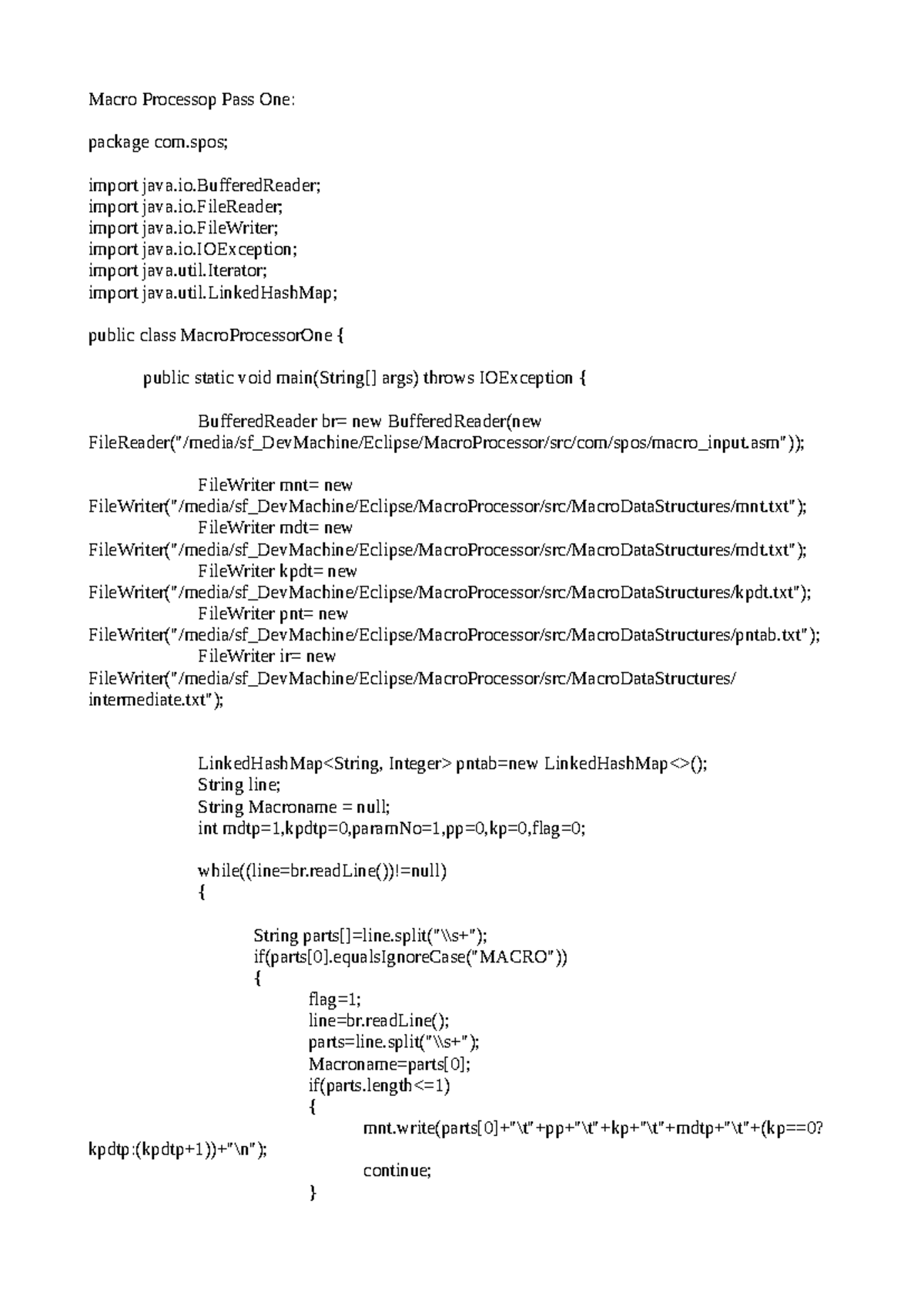 Spos Exp 2 - Macro Processop Pass One: package com; import java.io ...